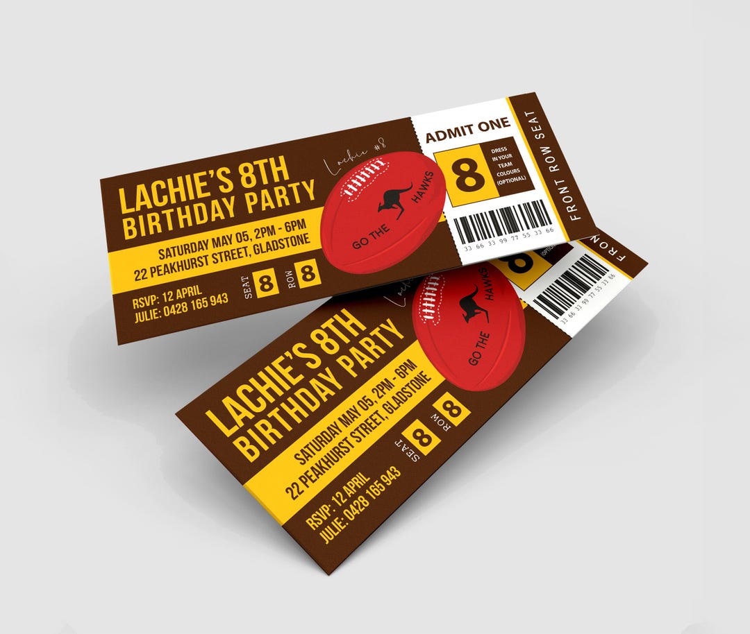 Hawthorn AFL Birthday Ticket Invitation: Brown & Gold Hawks (digital ...