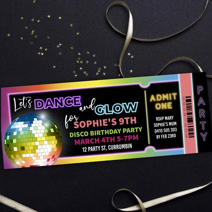 Editable Disco Party Birthday Invitation Ticket, Dance & Glow Disco ...