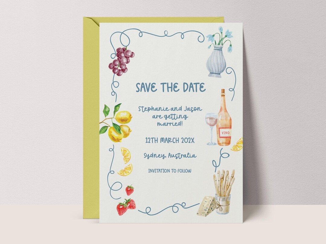 Illustrated Save the Date Template: Mediterranean Wedding Design #WL3 ...