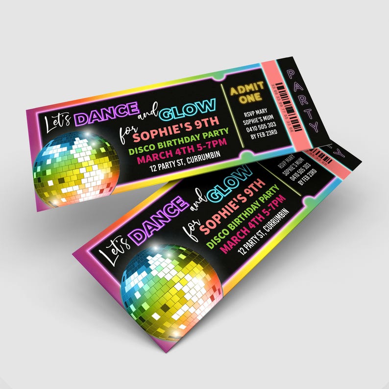 Editable Disco Party Birthday Invitation Ticket, Dance & Glow Disco ...