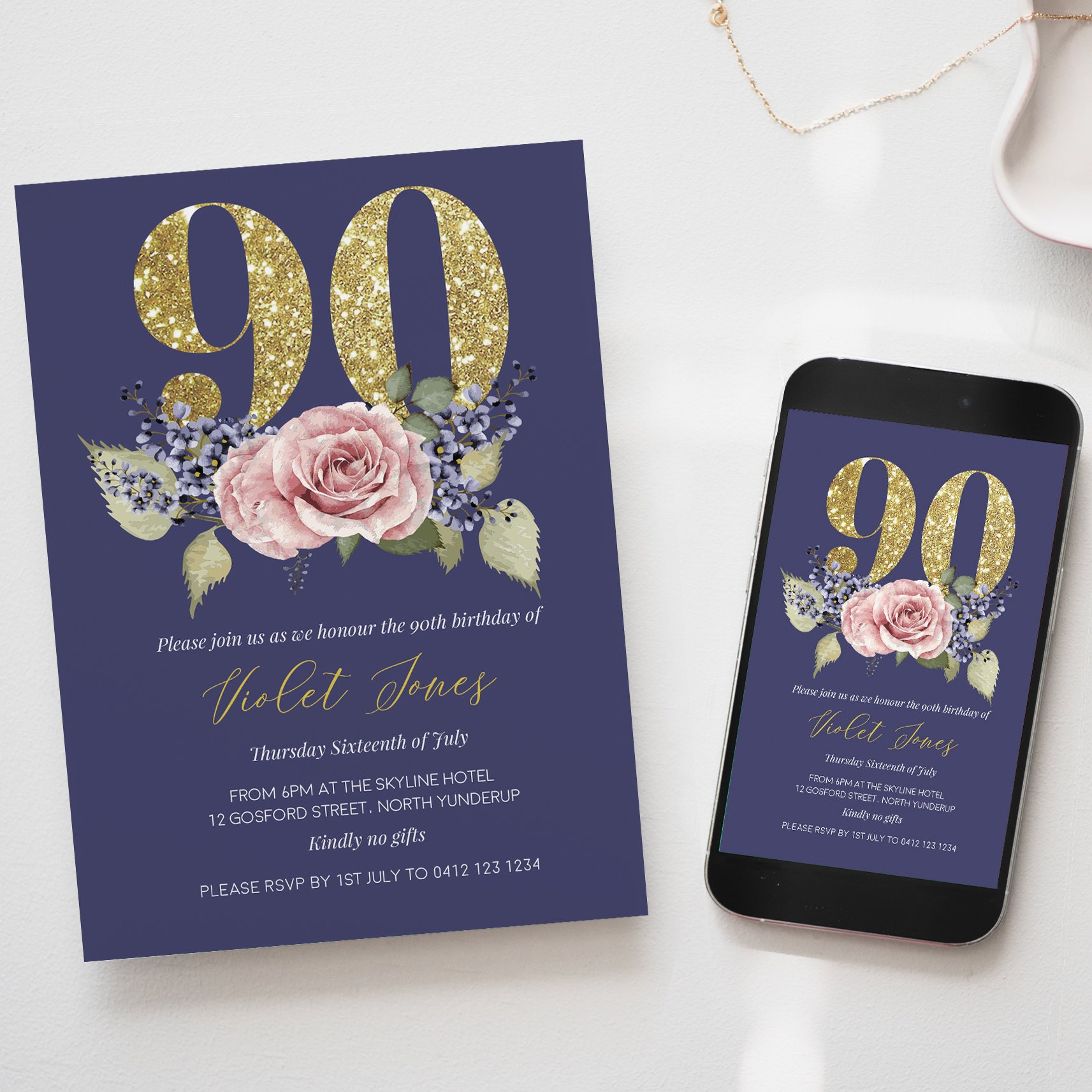 90th Birthday Invitation Template Gold Glitter 90 Birthday Invitation ...