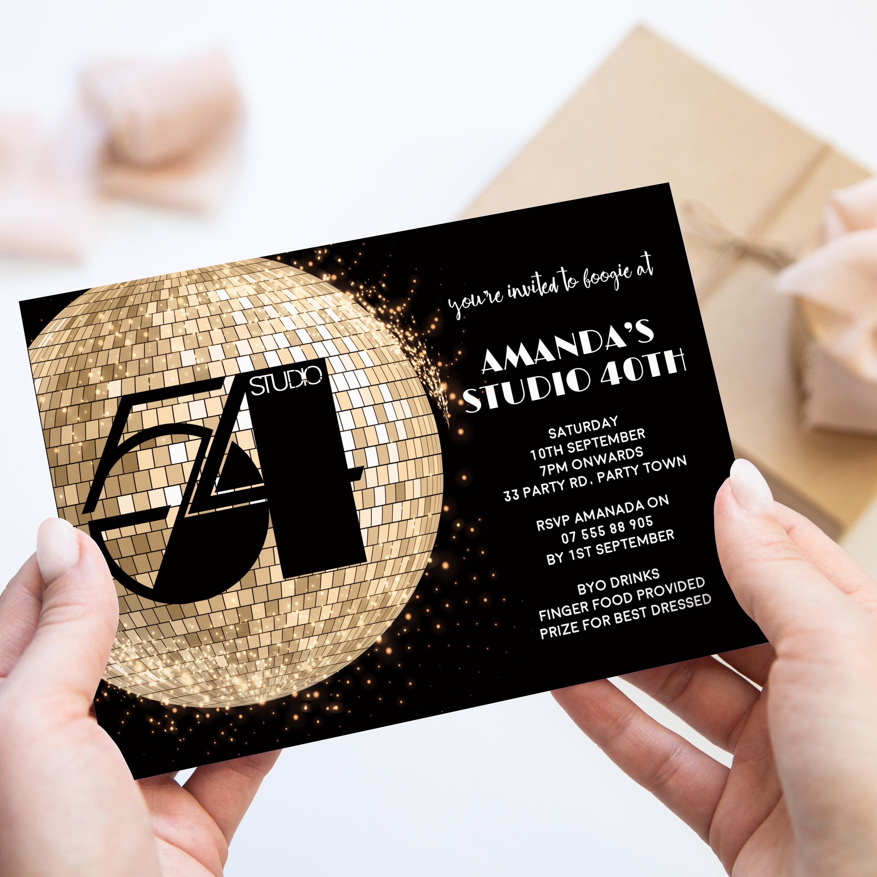 Studio 54 Party Invitations | Disco Gold Birthday Party Invitation ...