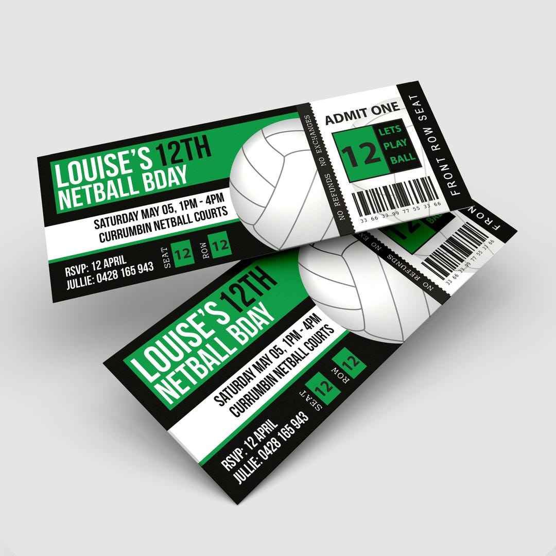 Editable Netball Birthday Invitation Custom Netball Ticket Party Invite ...