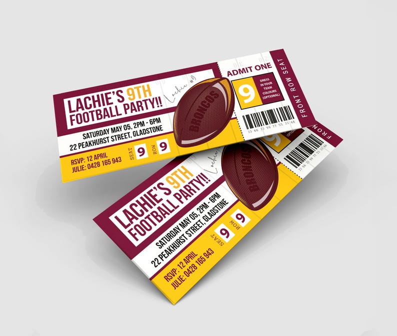 Brisbane Broncos Ticket Invitation: NRL Football Birthday Party ...