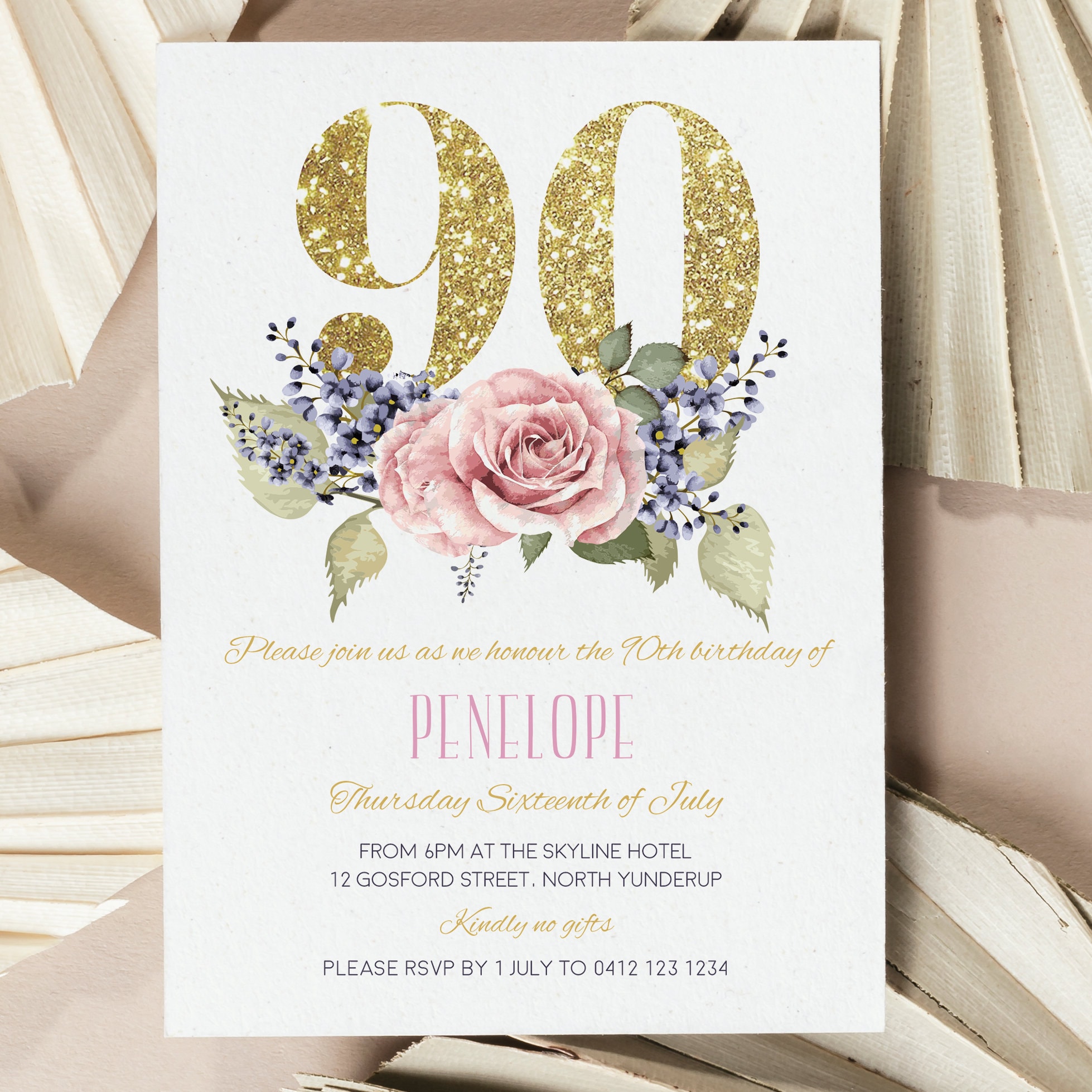 90th Birthday Invitation Template Gold Glitter 90 Birthday Invitation ...