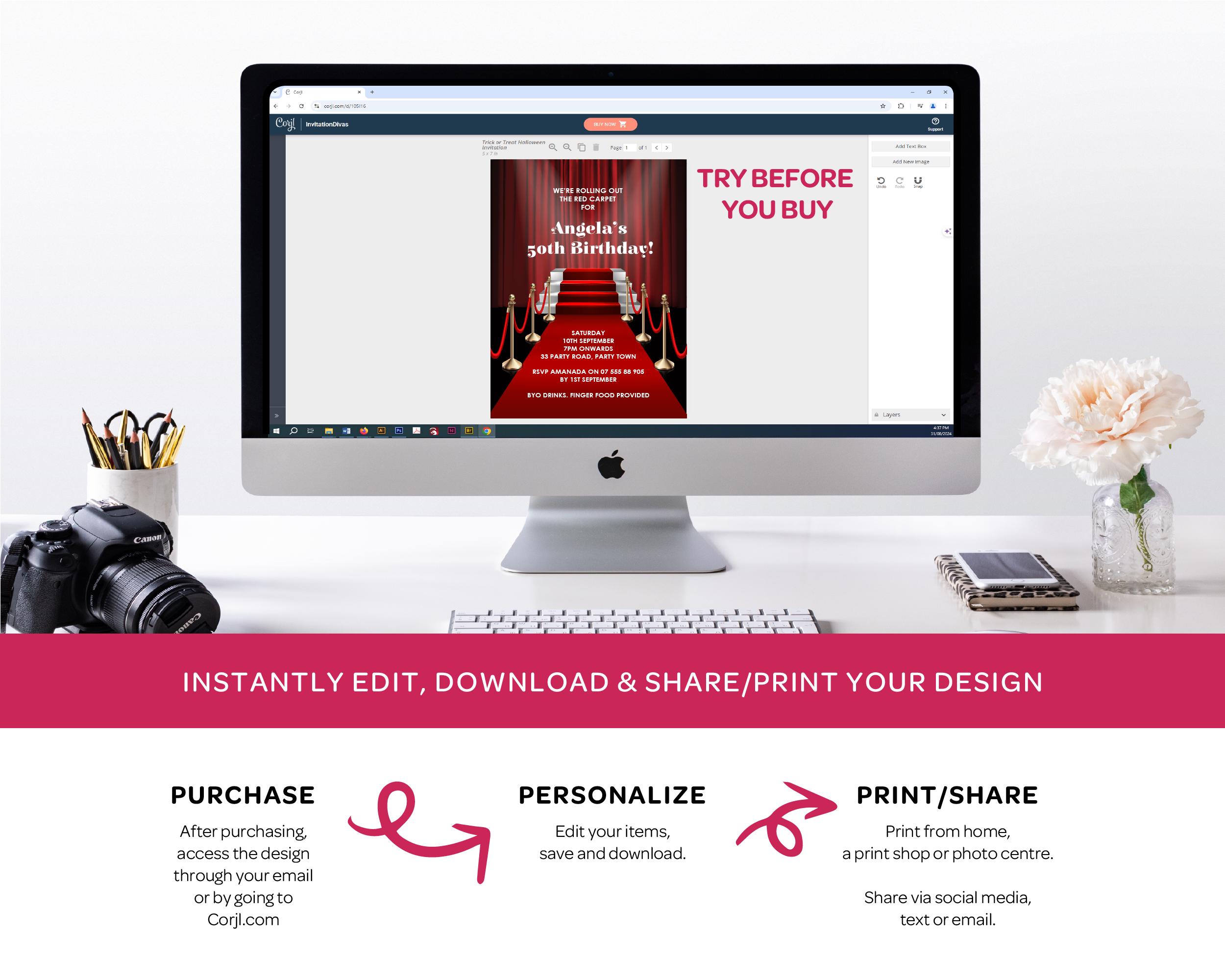 Red Carpet Invitation | Themed Red Carpet Party Invitation Template | Instant Download Editable ...