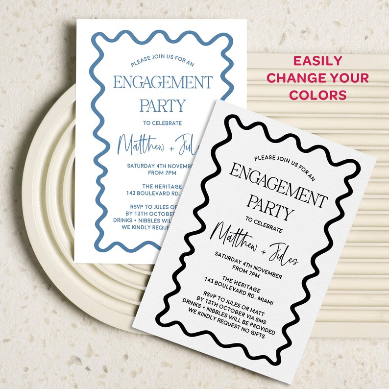 Wavy Border Engagement Invite Template: Editable Blue Party Invitation ...