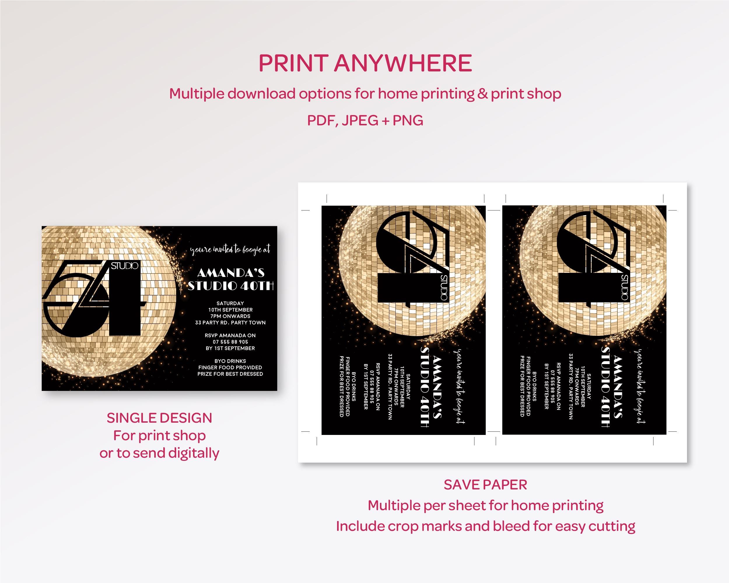 Studio 54 Party Invitations | Disco Gold Birthday Party Invitation ...