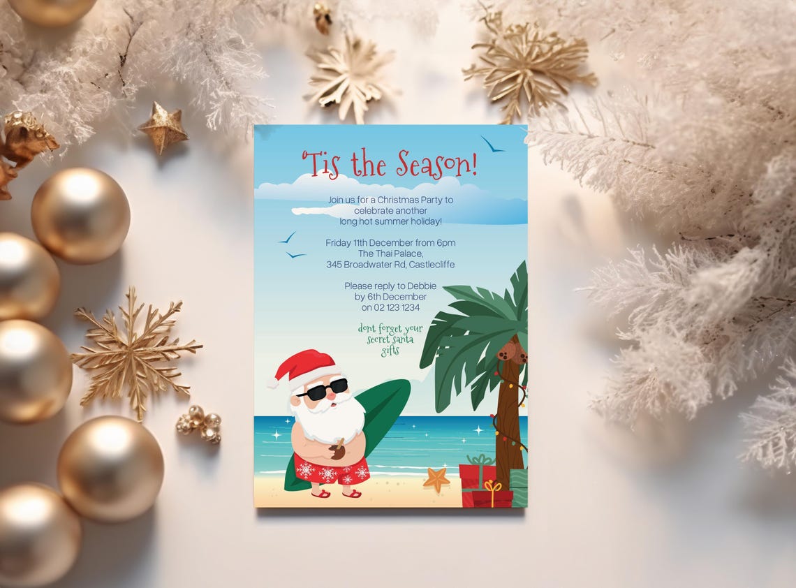 Christmas Pool Party Invitation, Summer Christmas Invite Template ...