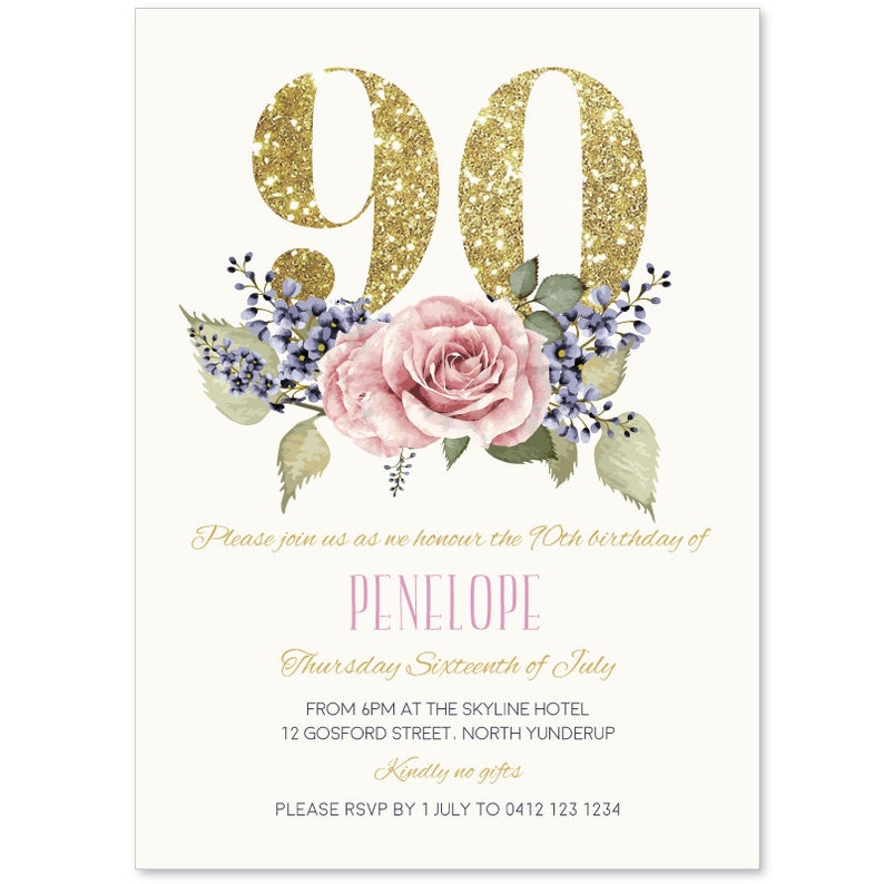 90th Birthday Invitation Template Gold Glitter 90 Birthday Invitation ...