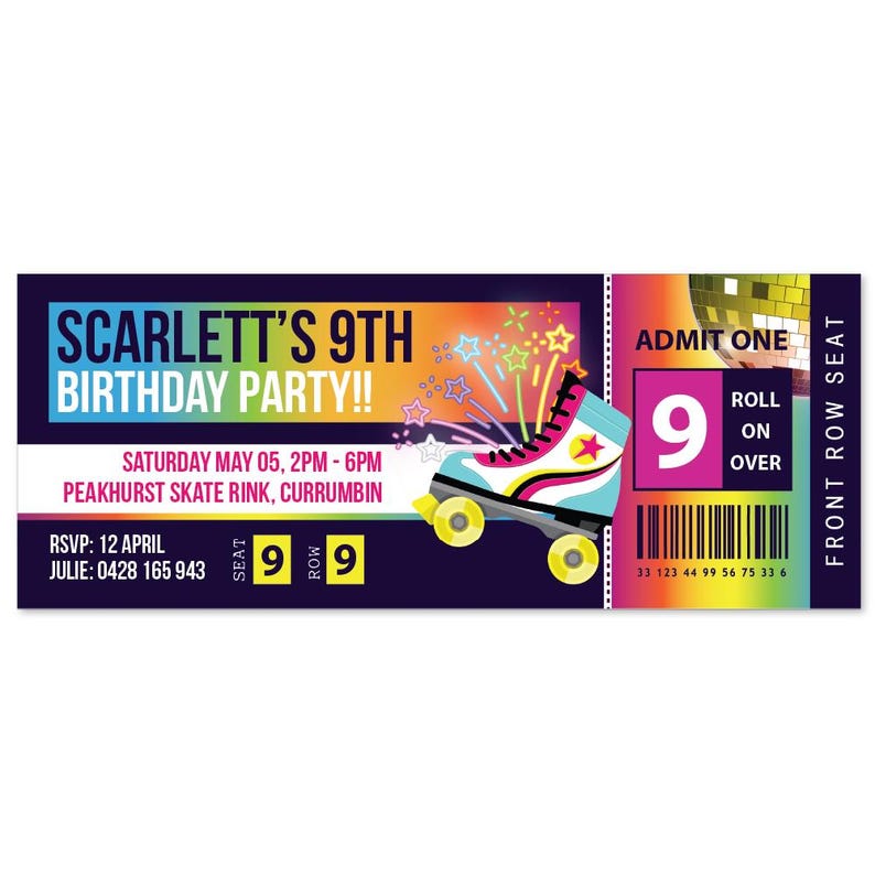 Skating Rink Disco Birthday Invitation | Roller Skate Ticket Birthday ...