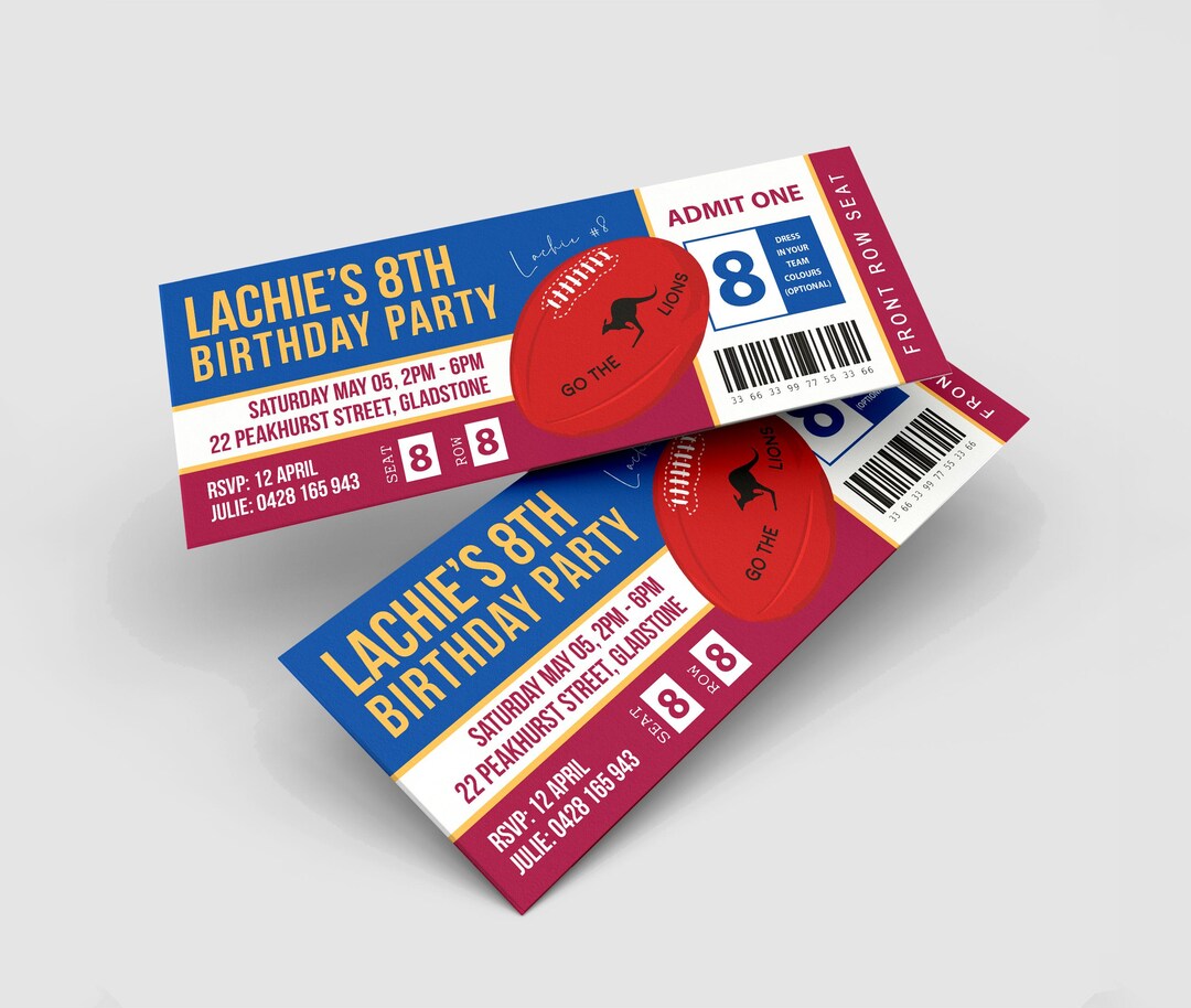 Brisbane Lions AFL Themed Party Invitation | Football Ticket Invite ...