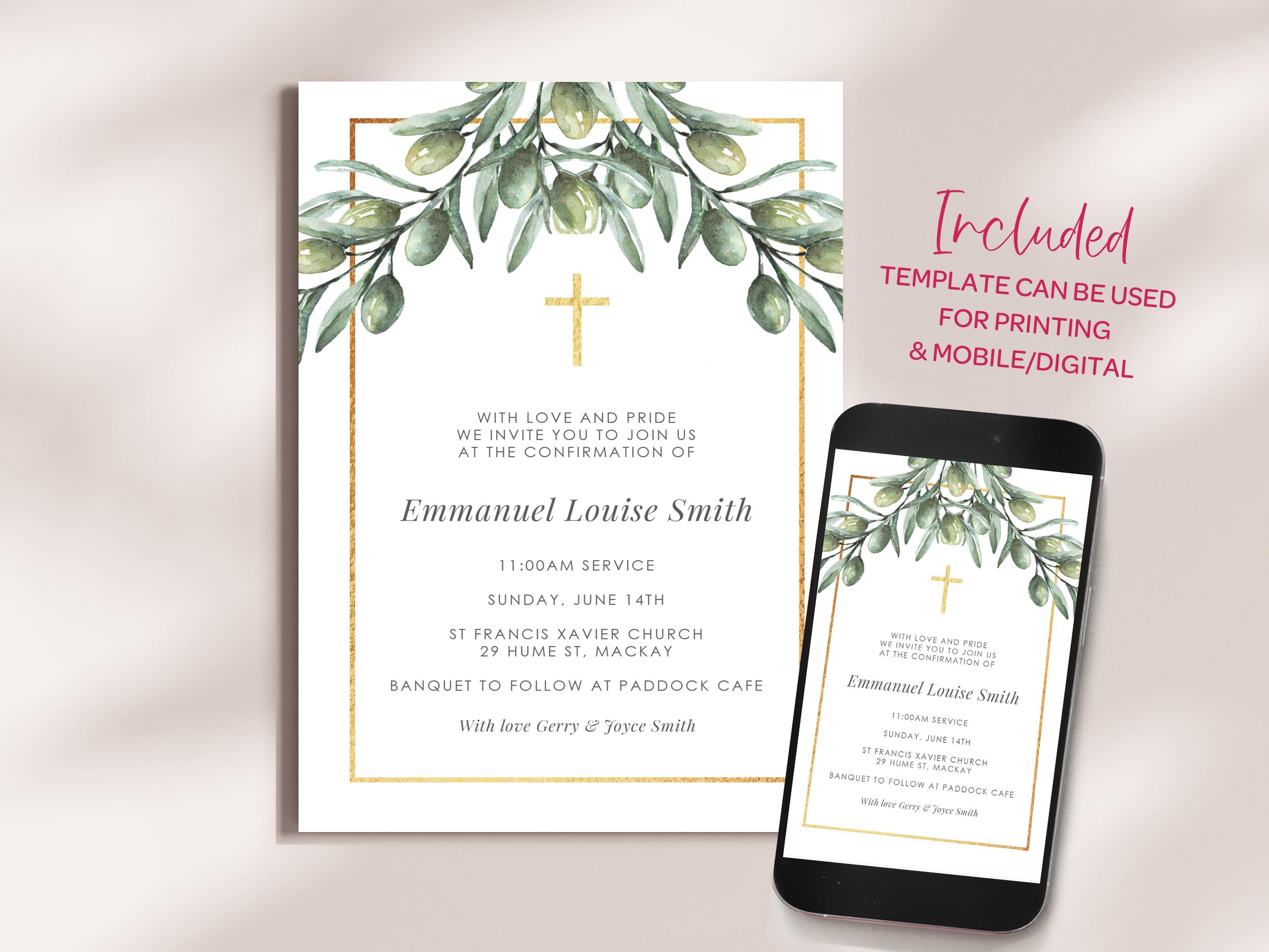 Editable Religious Invitation Template | Boy + Girl Tuscan Olives Gold ...