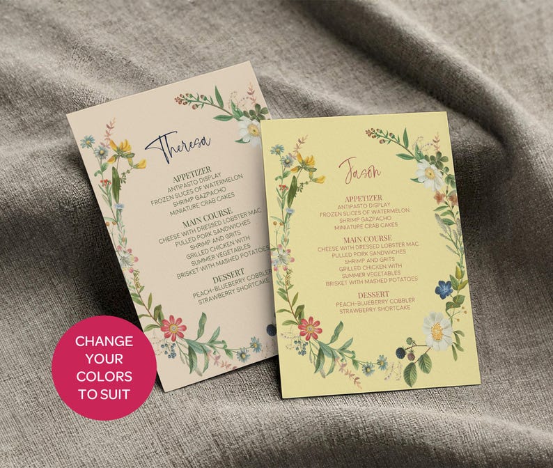 Wildflower Wedding Menu Template, Floral Vintage Design (digital ...
