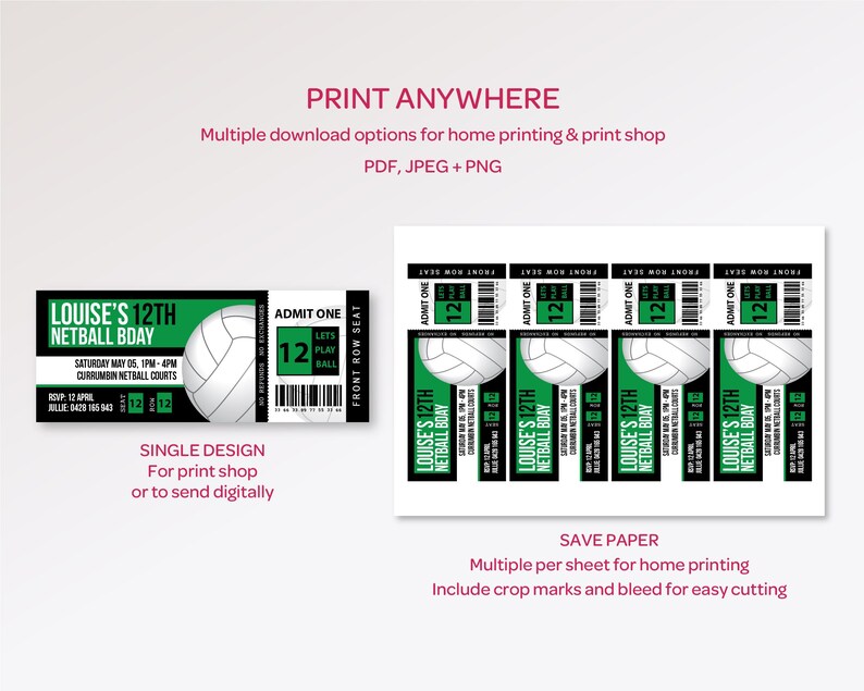 Editable Netball Birthday Invitation Custom Netball Ticket Party Invite ...