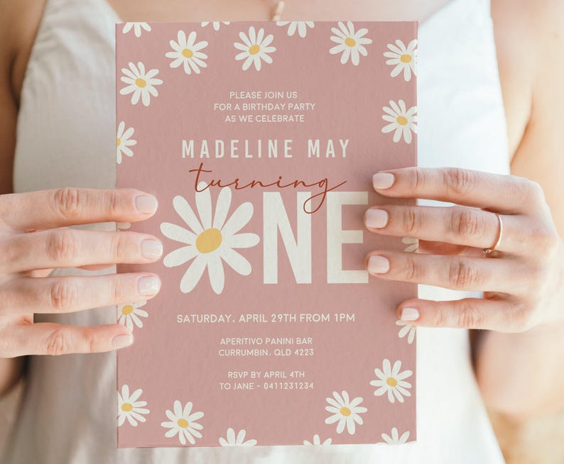 Daisy First Birthday Invitation Template: Girls 1st Party Invite ...
