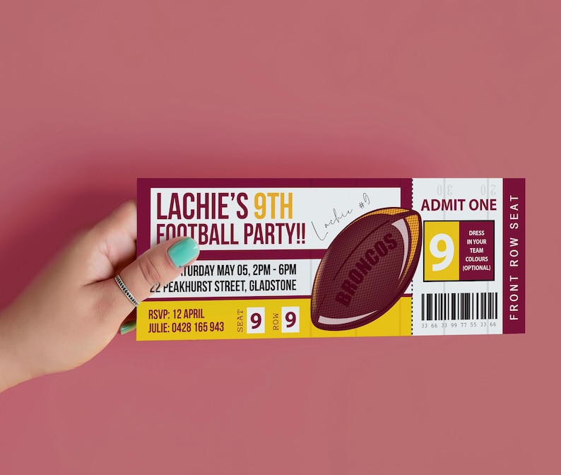 Brisbane Broncos Ticket Invitation: NRL Football Birthday Party ...