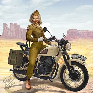 Military Pinup Girl, Personalized Portrait, Military Motorcycle WWII ...