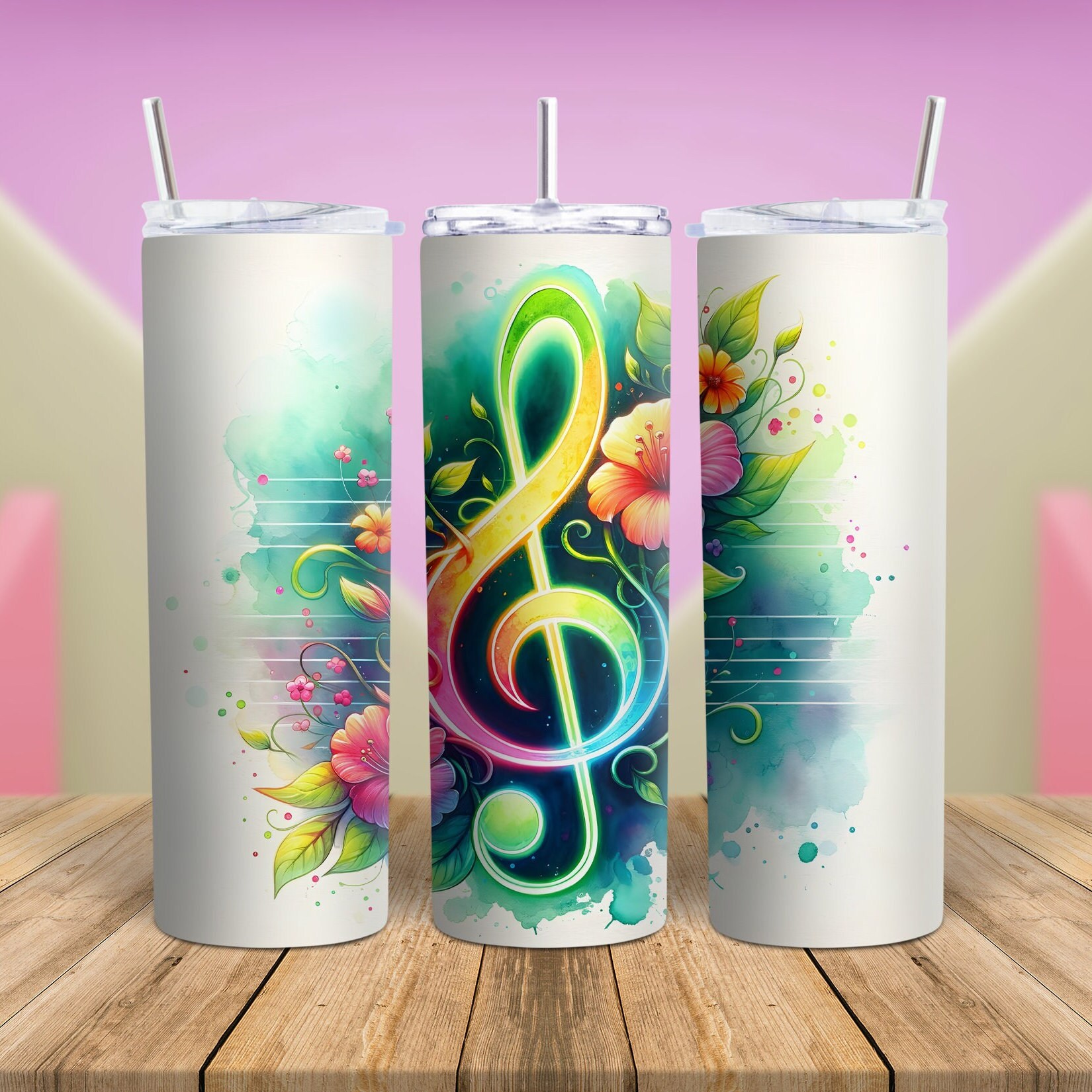Neon Music Note & Floral Symphony Wrap for 20oz Skinny Tumblers ...
