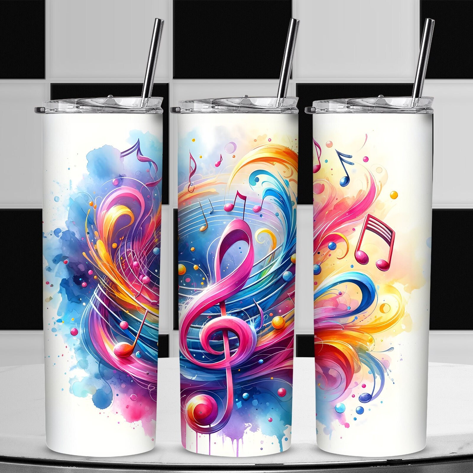 Colorful Music Notes Wrap for 20oz Skinny Tumblers | Sublimation Design ...