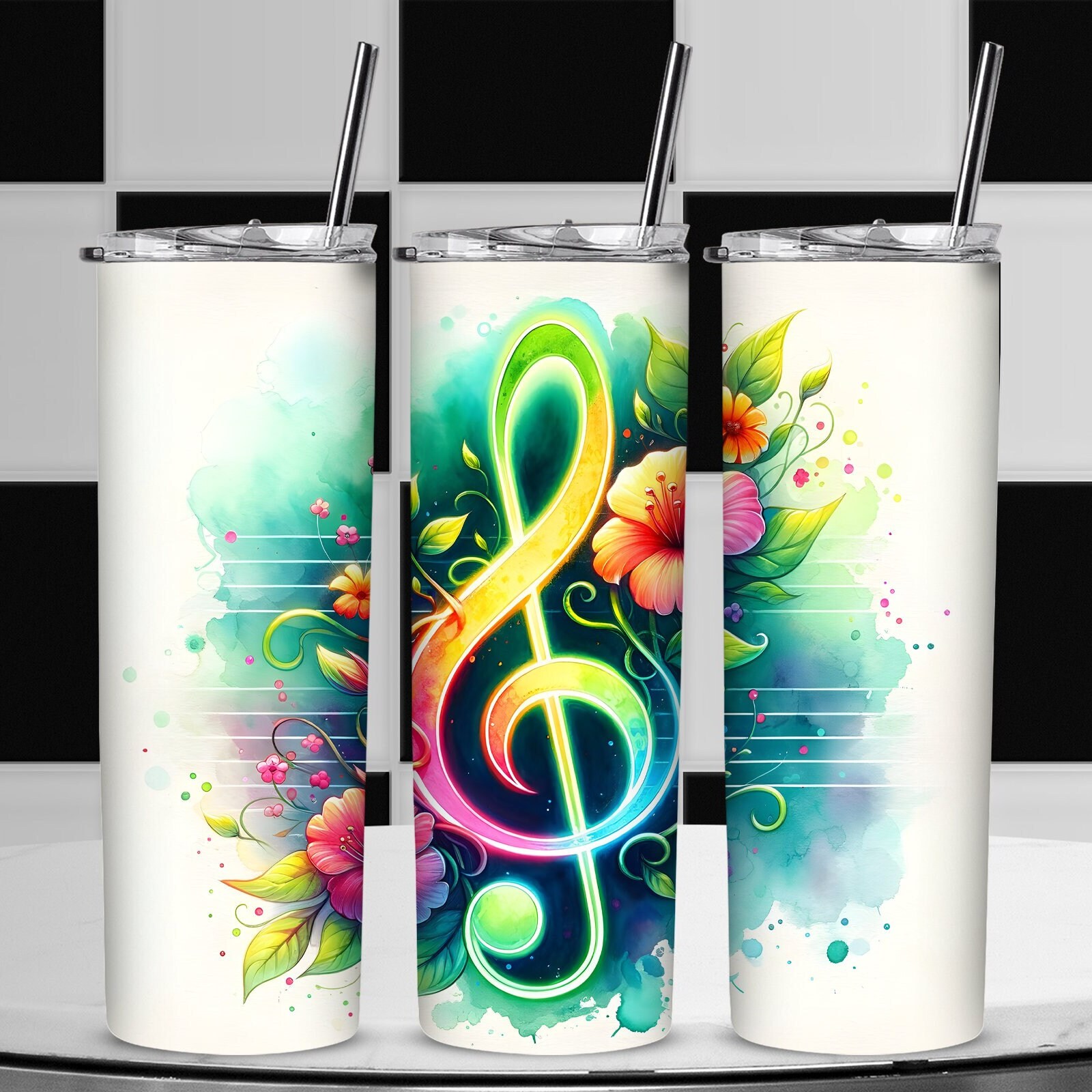 Neon Music Note & Floral Symphony Wrap for 20oz Skinny Tumblers ...