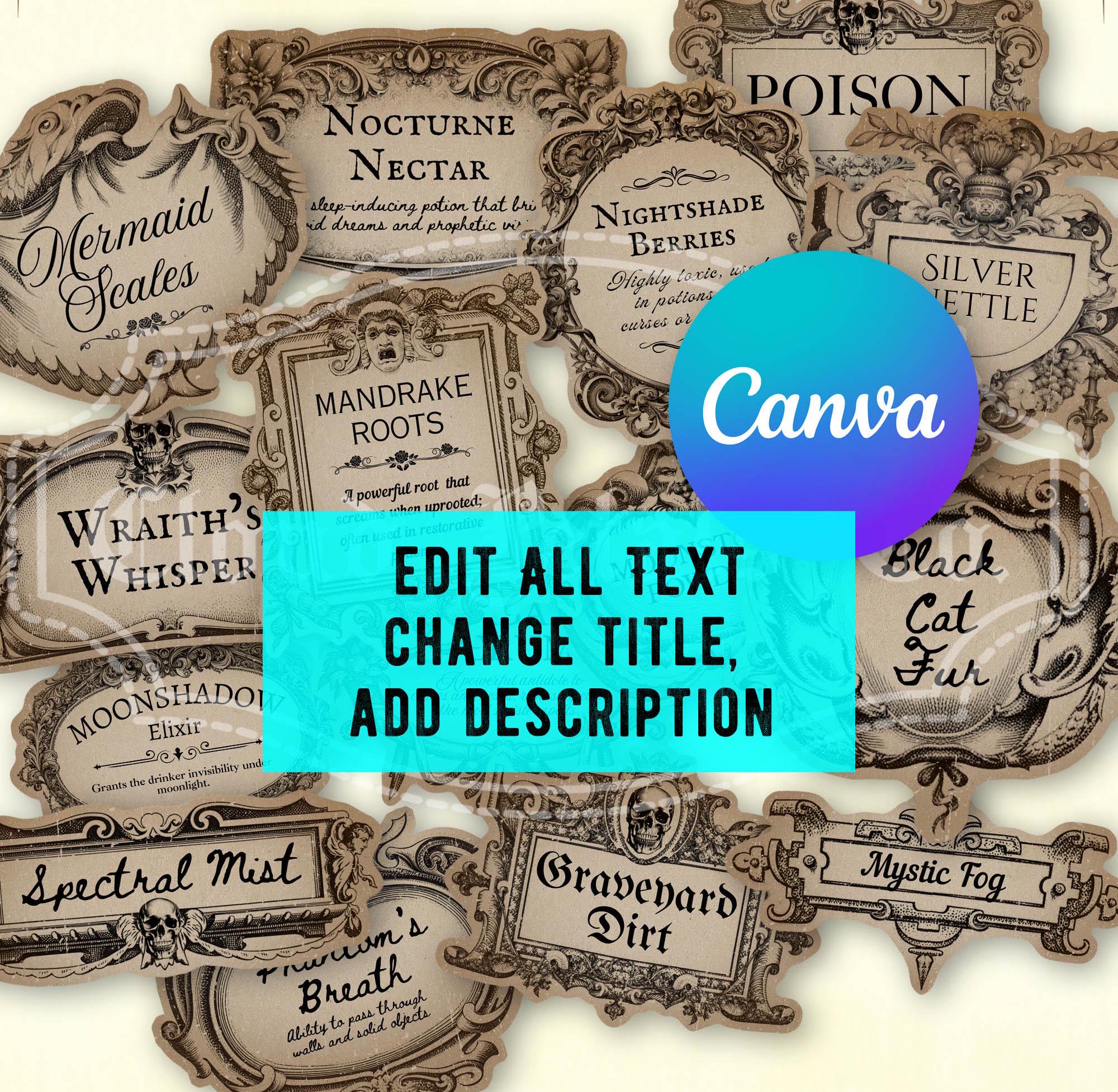 Editable Vintage Halloween Labels, Witch Apothecary DIY Decor (canva ...
