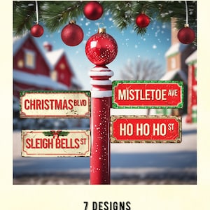 Vintage Christmas Signs, Printable Santa Village Road Signs, Retro ...