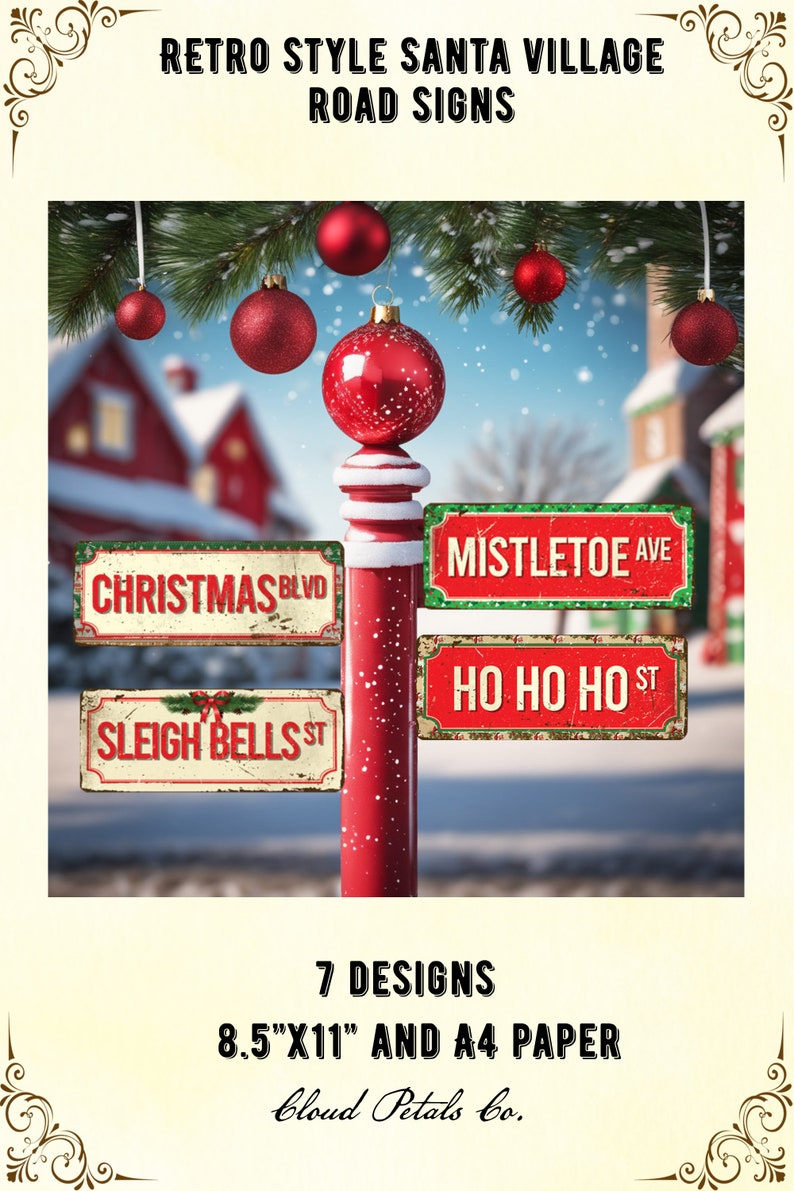 Vintage Christmas Signs, Printable Santa Village Road Signs, Retro ...