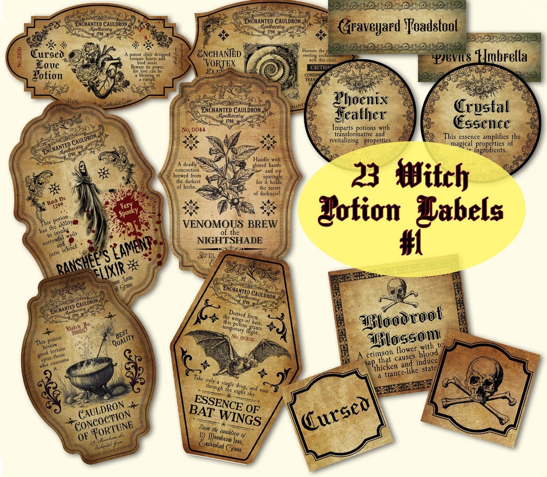 Vintage Halloween Witch Potion Labels Printable, Witchcraft Apothecary ...