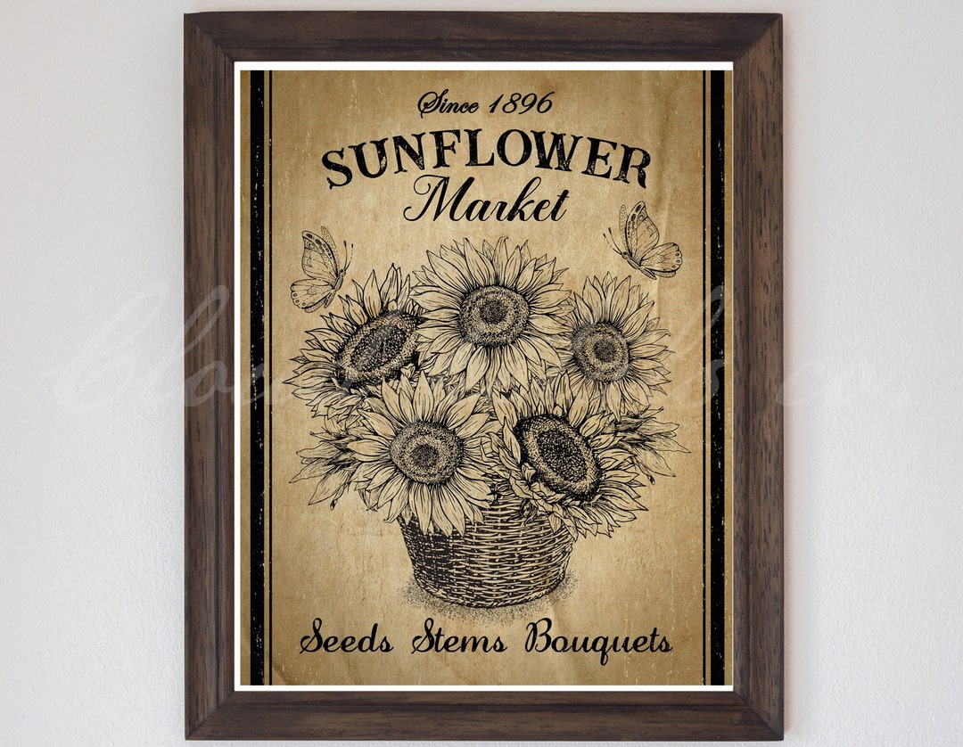Vintage Sunflower Market Sign, Printable Sunflower Wall Decor, Rustic ...