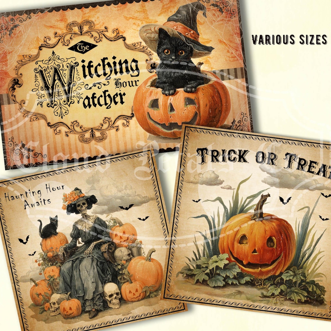 Vintage Halloween Printable Labels: Black Cat, Jack-o'-lantern (digital ...