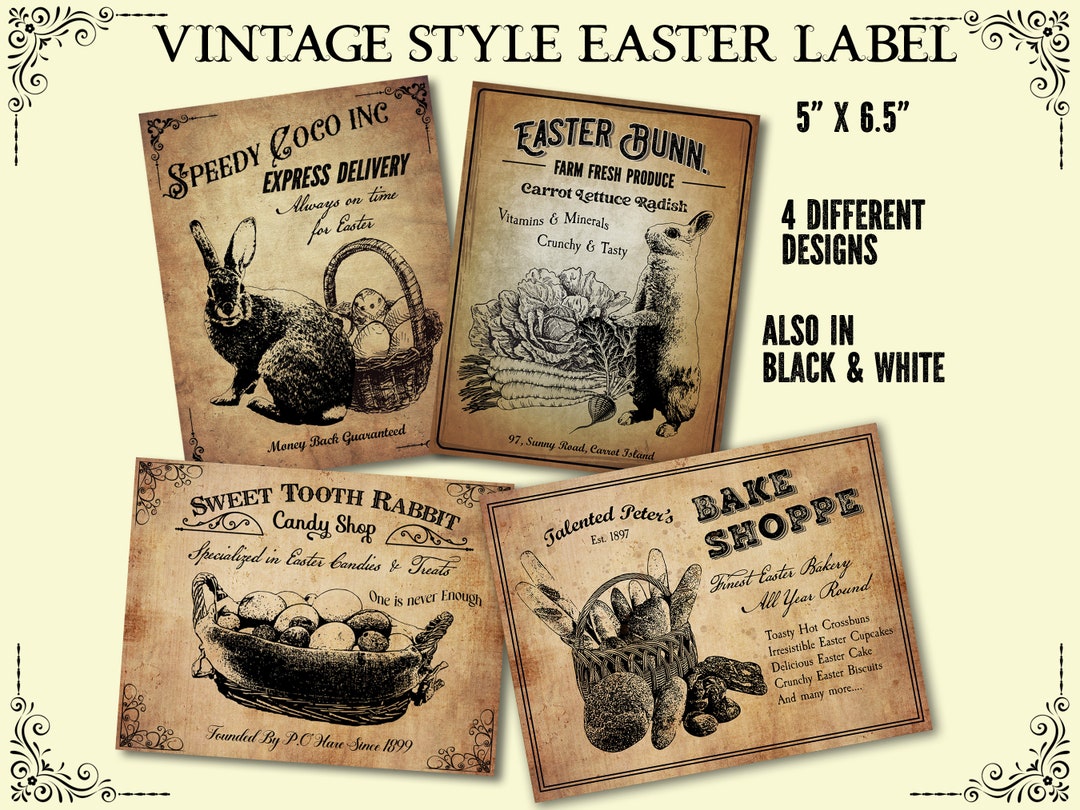 Primitive Easter Label, Printable Rabbit Tags, Vintage Bunny Print ...