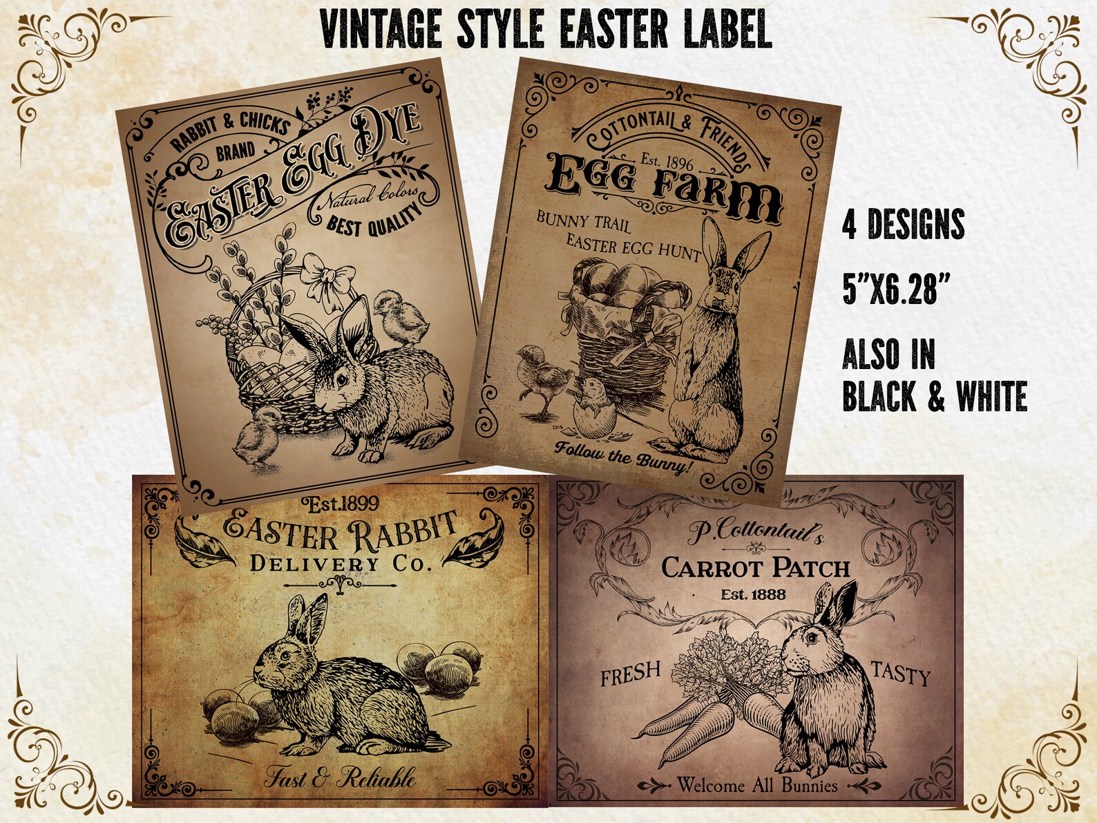 Primitive Easter Label, Printable Rabbit Tags, Vintage Bunny Print ...