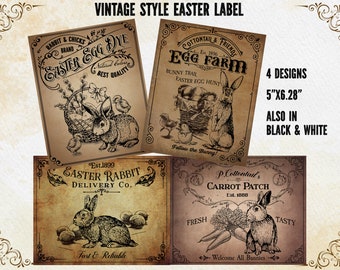 Primitive Easter Label, Printable Rabbit Tags, Vintage Bunny Print ...