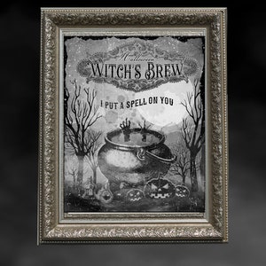 Vintage Halloween Witch's Brew Sign, Witch Cauldron Printable Wall Art ...