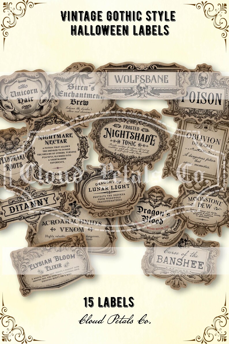 Gothic Halloween Potion Labels, Printable Vintage Halloween Labels ...