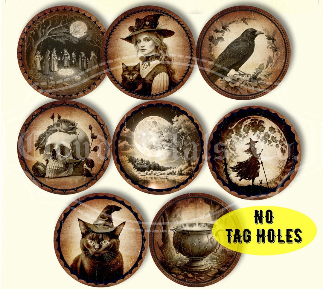 Witch Printable, Halloween Witchy Decor, 3 & 2 Round Tags, Vintage ...