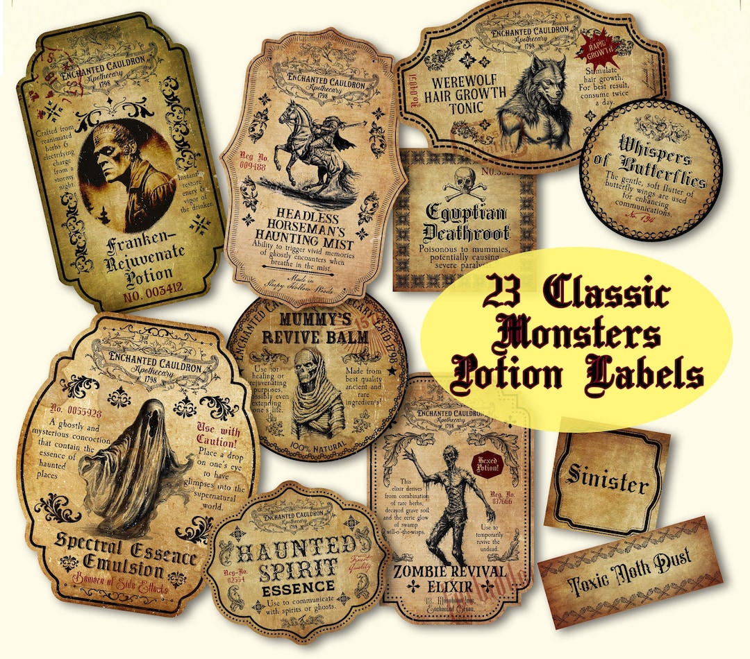 Vintage Halloween Classic Monster Labels, Retro Halloween Bottle Jar ...