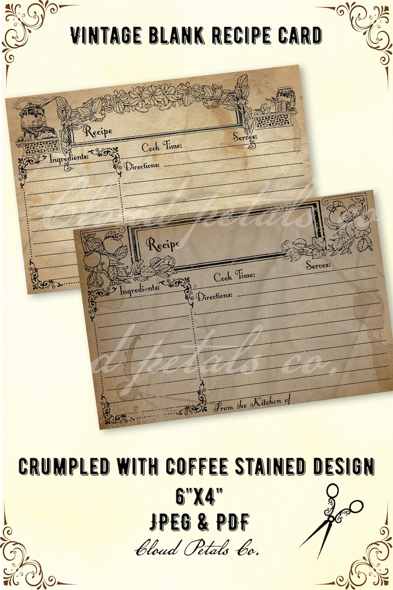 Vintage Stained Paper Recipe Card Blank Recipe Card - Etsy