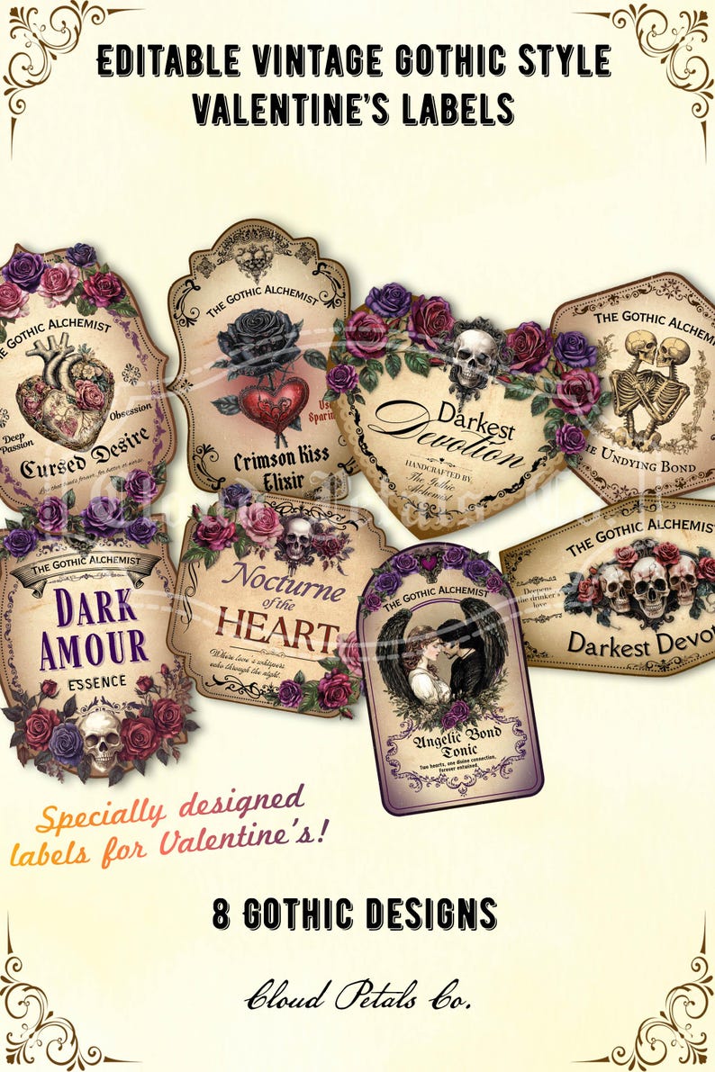 Editable Gothic Valentine's Labels, Apothecary Potion, Canva Template ...