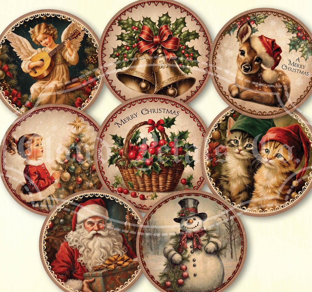 Vintage Christmas Round Ornament Tags, Printable Xmas Decor (digital ...
