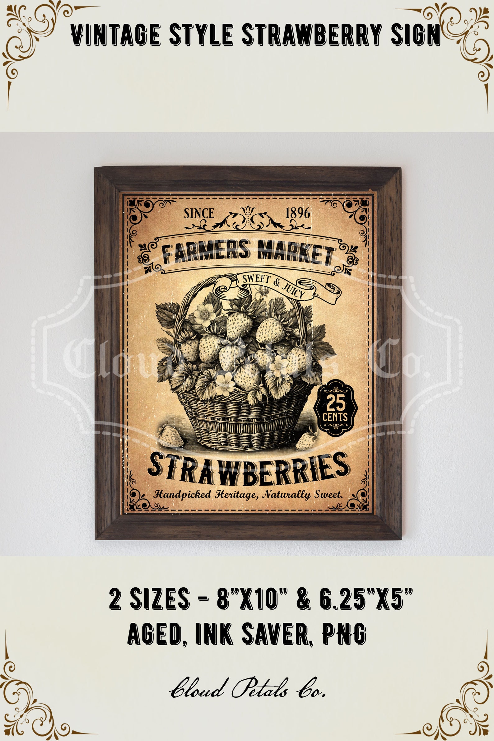Vintage Farmers Market Strawberry Sign, Printable Strawberry Wall Art ...
