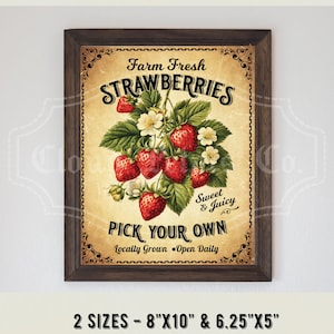 Vintage Strawberry Sign, Printable Strawberry Wall Art, Vintage ...