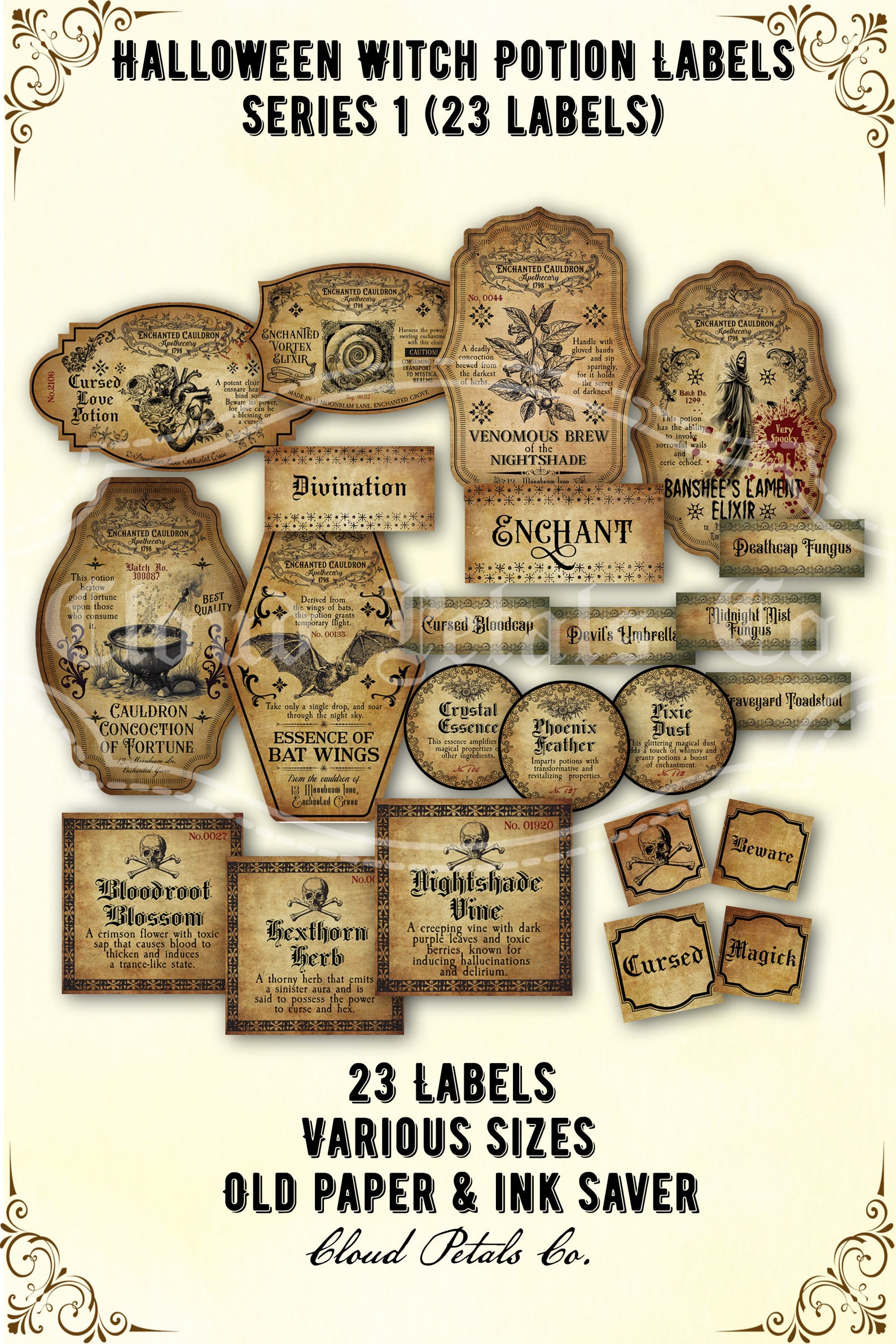 Vintage Halloween Witch Potion Labels Printable, Witchcraft Apothecary ...