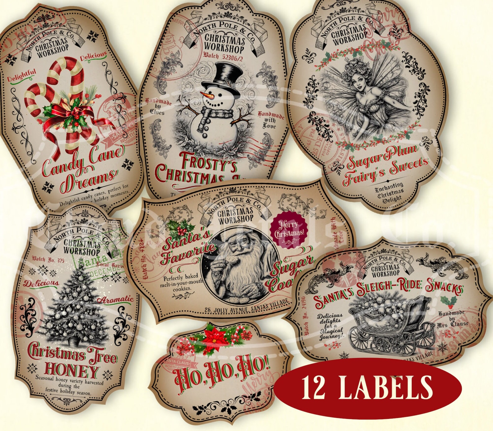 Vintage Christmas Labels, Printable Labels for Jars, Christmas Bottle ...