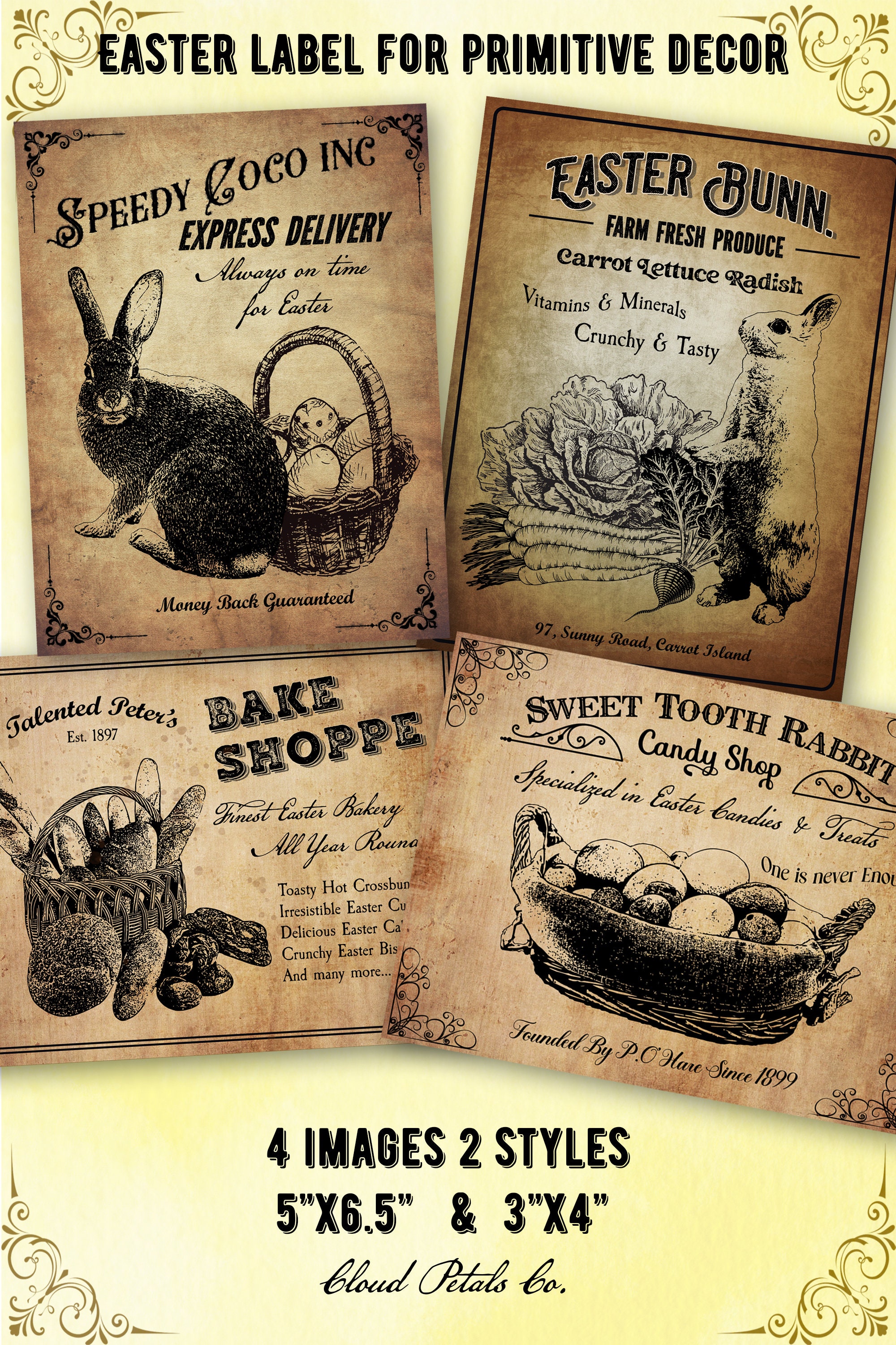 Primitive Easter Label, Printable Rabbit Tags, Vintage Bunny Print ...