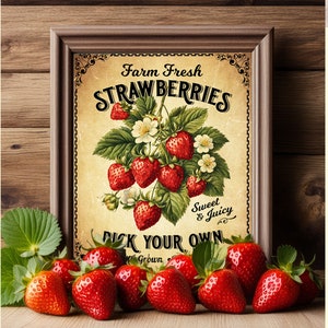 Vintage Strawberry Sign, Printable Strawberry Wall Art, Vintage ...