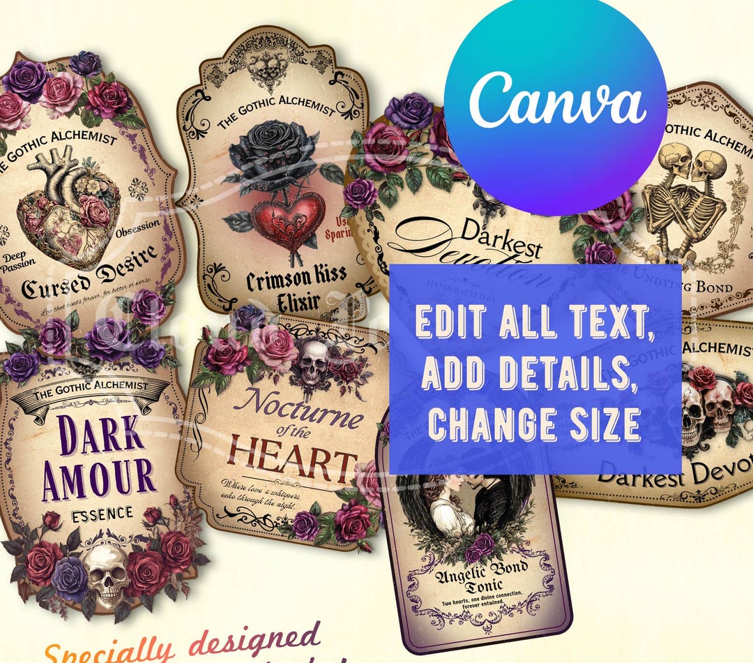 Editable Gothic Valentine's Labels, Apothecary Potion, Canva Template ...