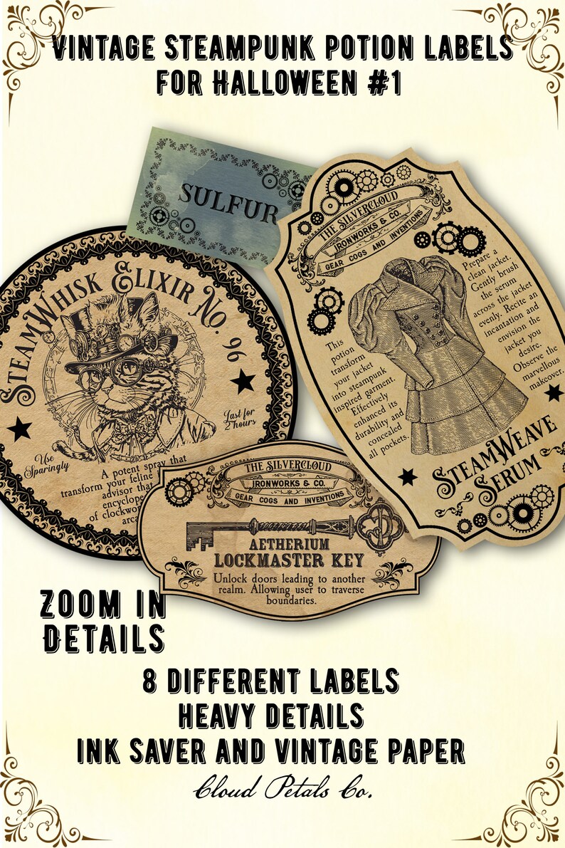 Vintage Steampunk Halloween Labels Printable 1 Apothecary - Etsy