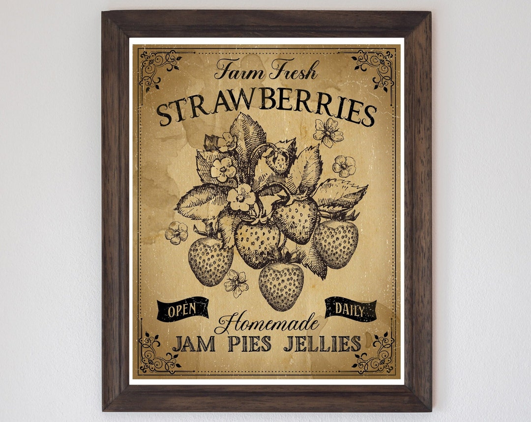 Vintage Strawberry Sign, Strawberries Wall Art Printable, Strawberry ...